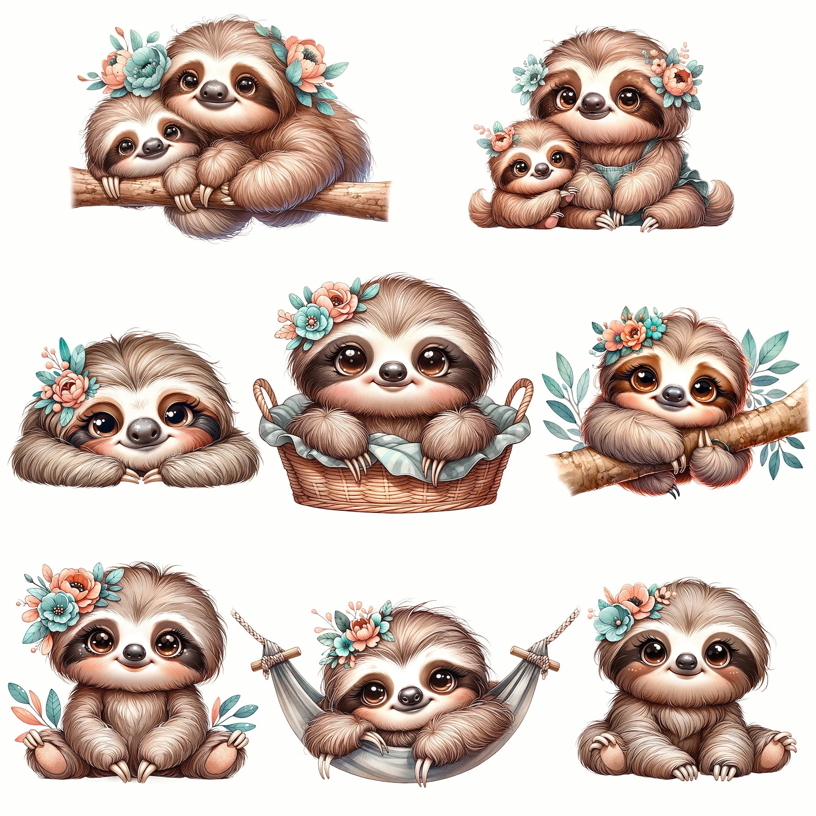 Cute Sloths, Sloth Clipart, Sloth Png, Clipart Bundle, Cute Animal ...