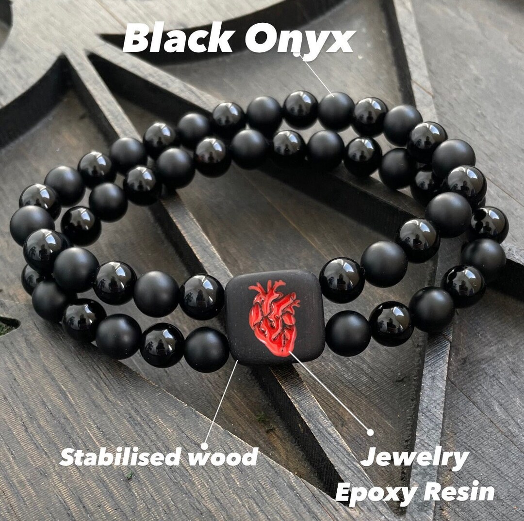 Black Onyx Beaded Bracelet: Anatomy Heart, Natural Stone - Etsy