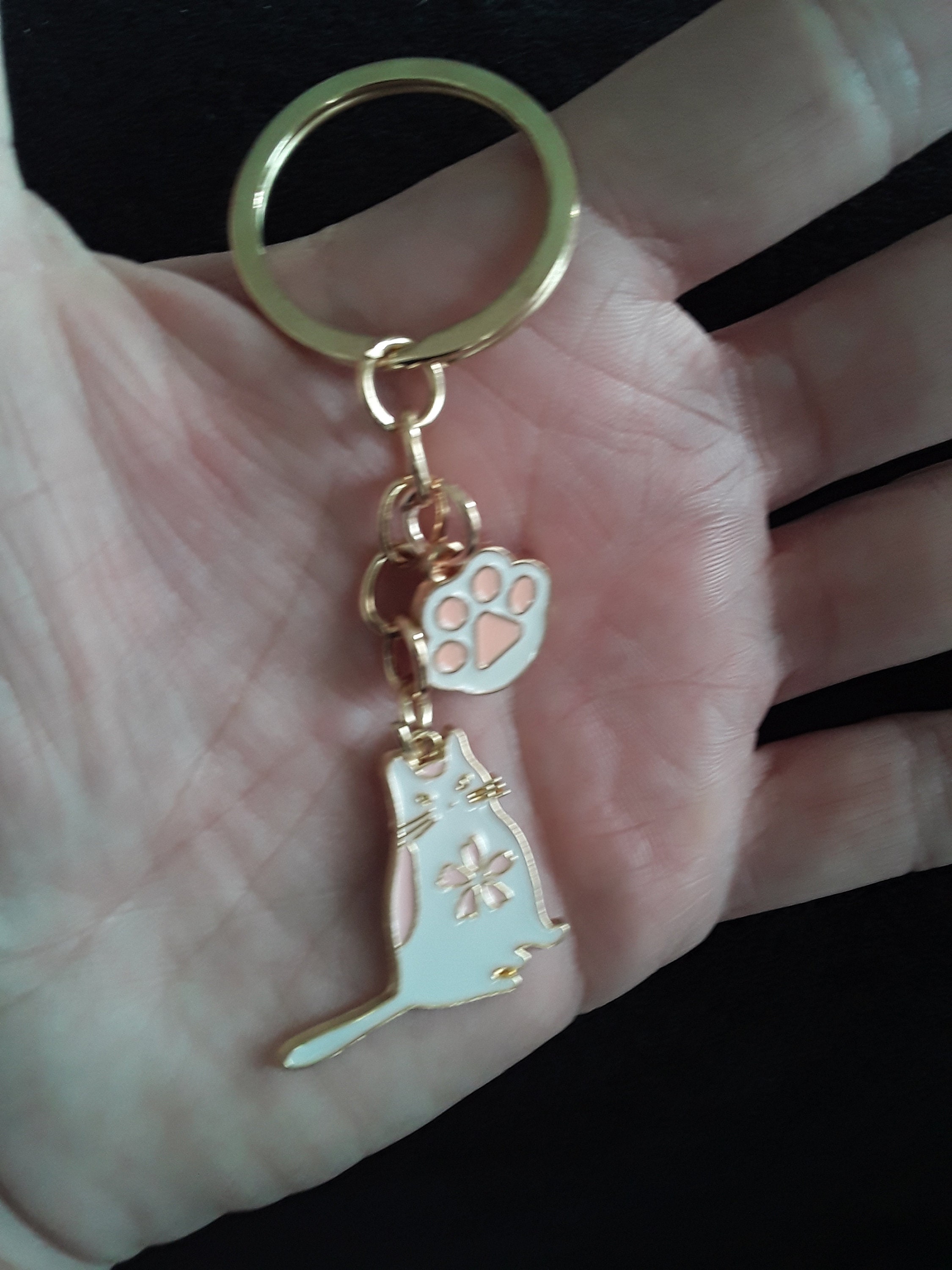 Cute Cat and Paw Print Keychain - Etsy