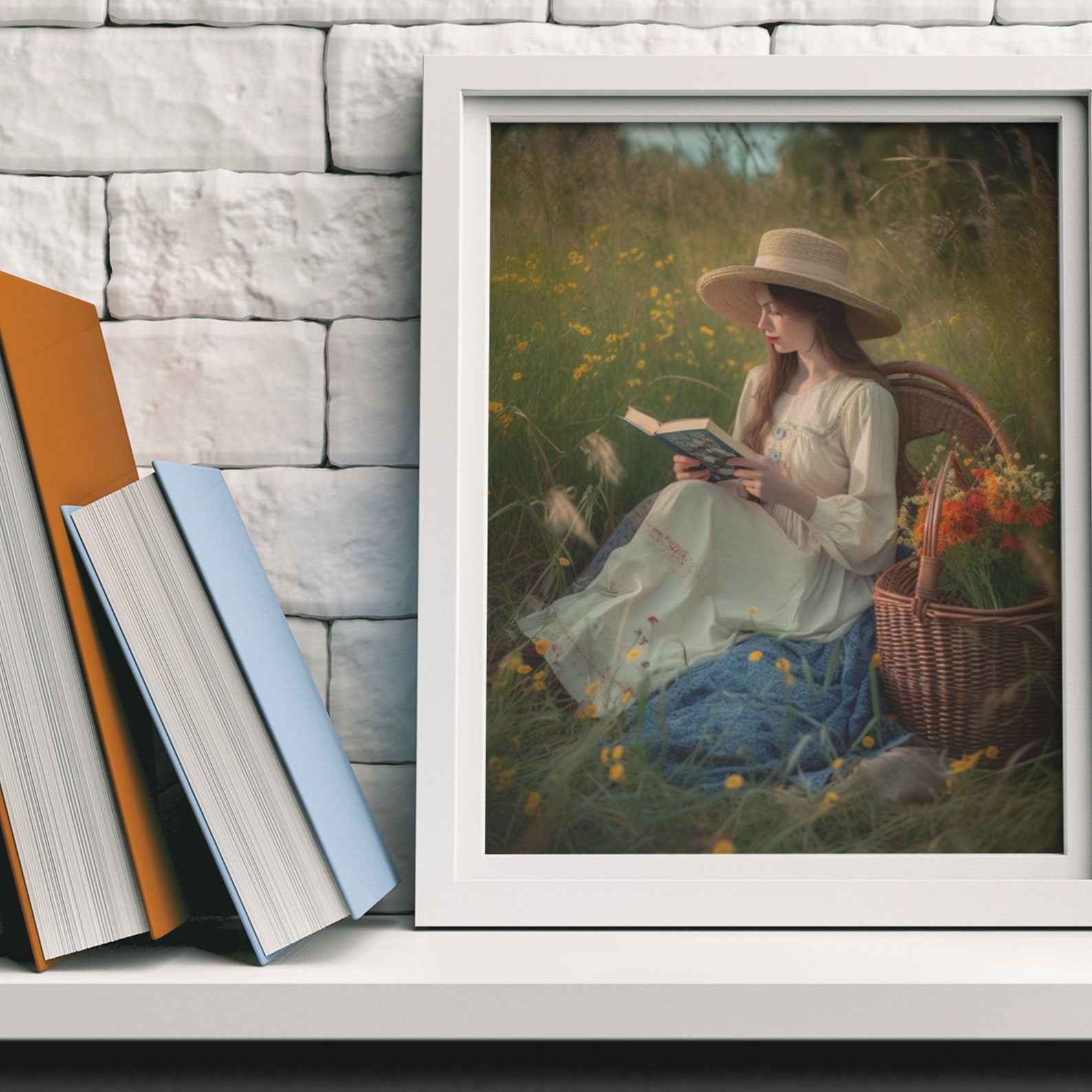 Wildflower Fields: Digital Watercolor Painting Print of a Girl Reading ...