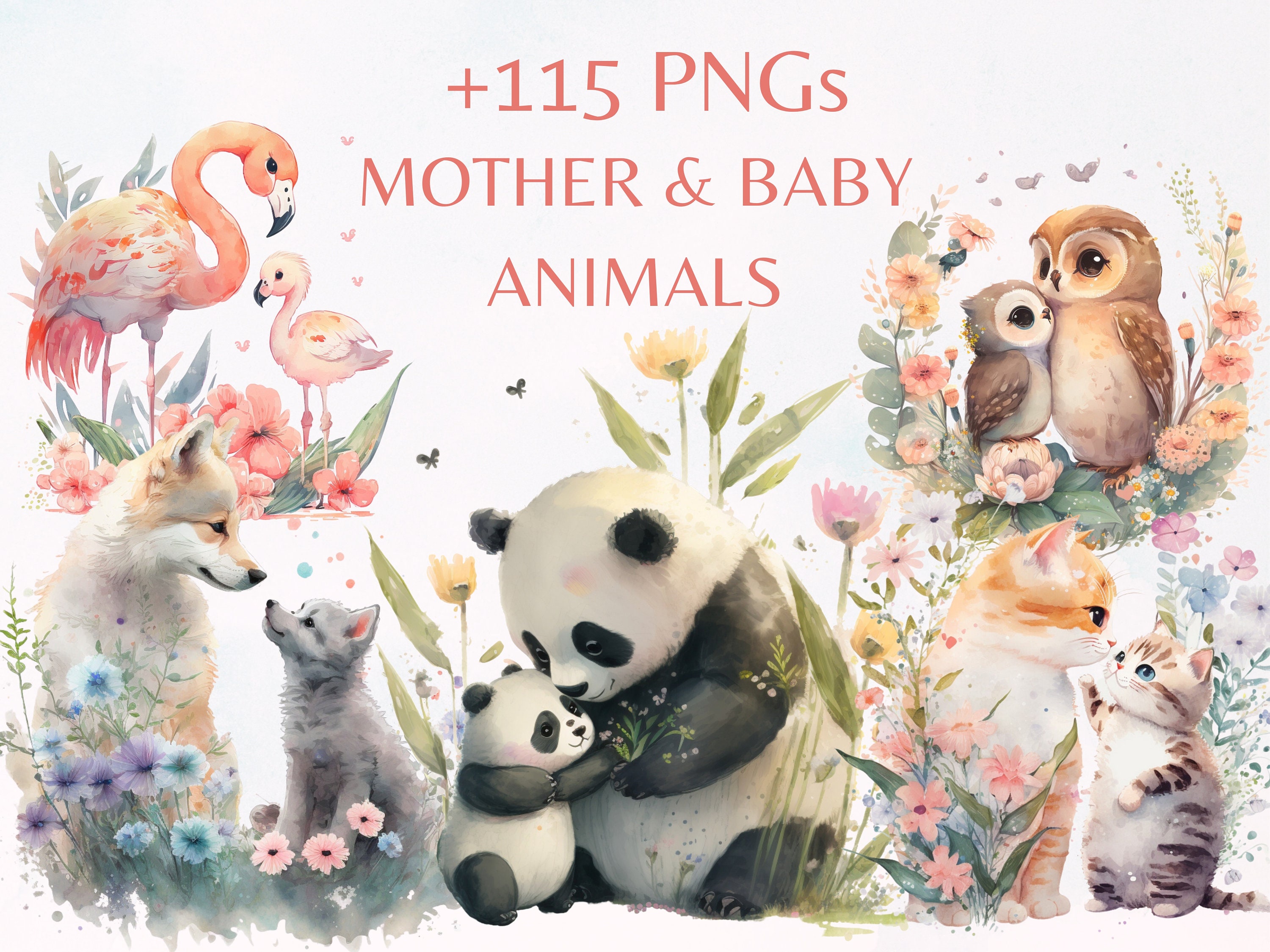 Watercolor Cute Mother and Baby Animals Clipart Clipart 115 - Etsy