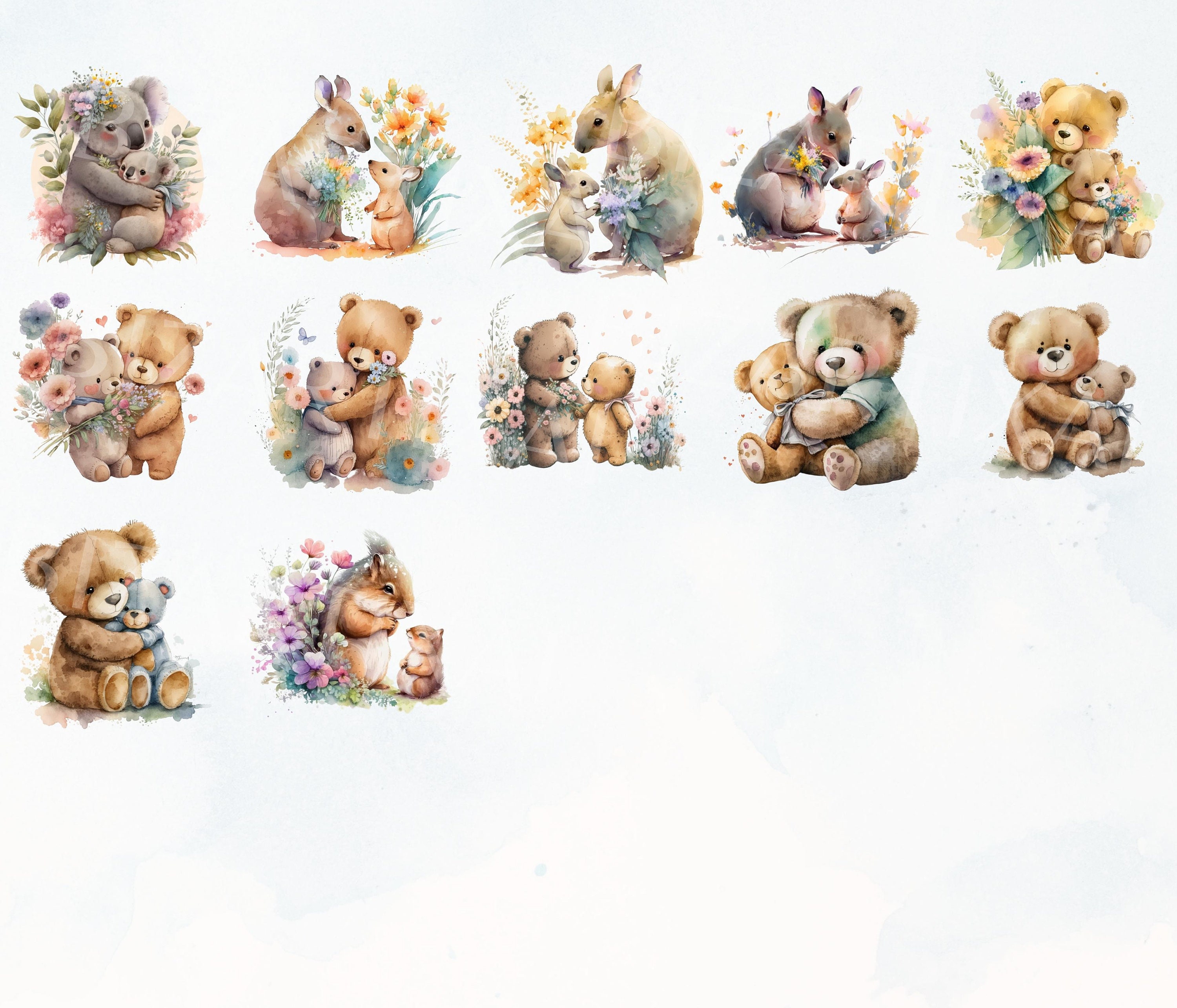 Watercolor Cute Mother and Baby Animals Clipart Clipart 115 - Etsy