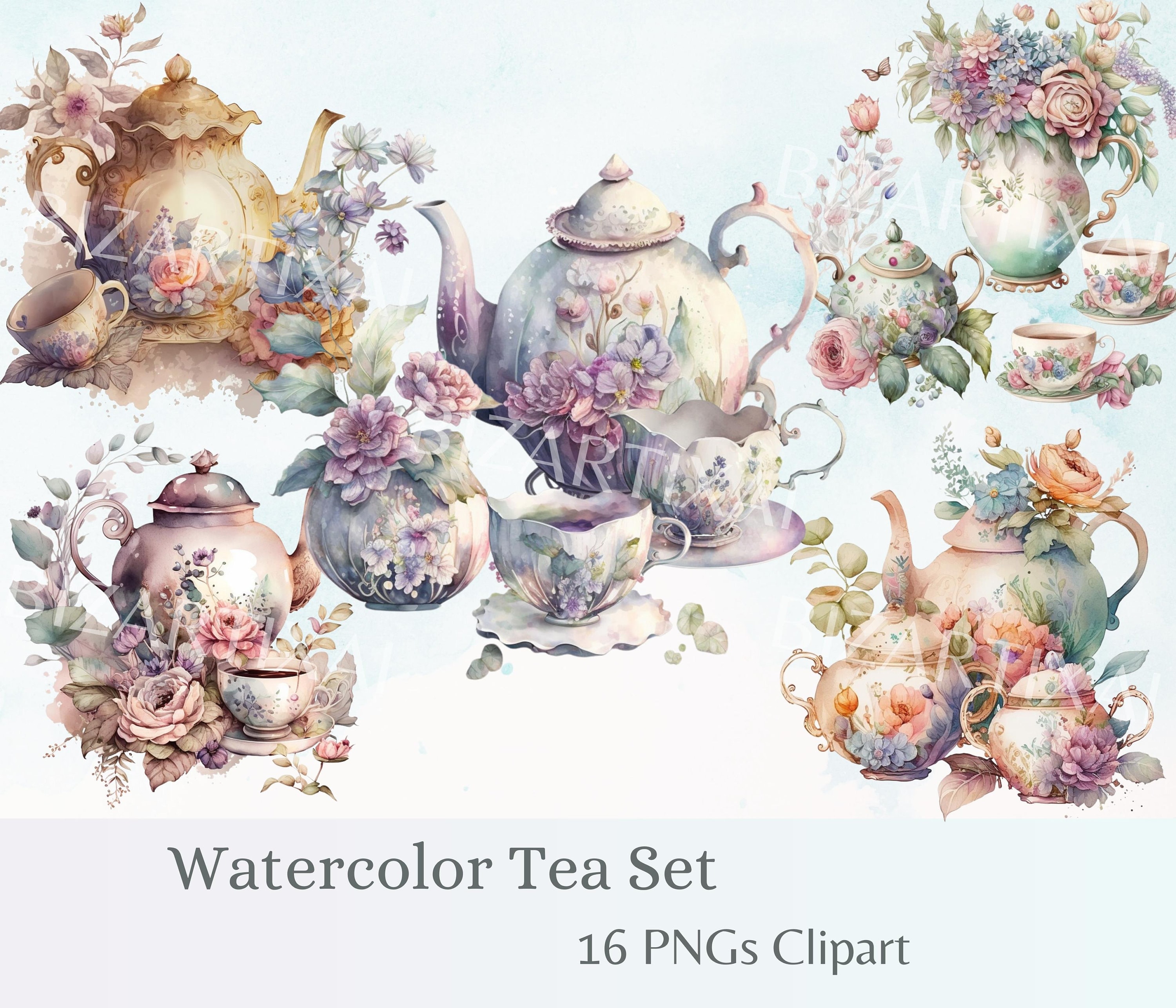 Watercolor Tea Set Clipart Bundle, Vintage Tea Set, 16 Png Tea Clipart ...