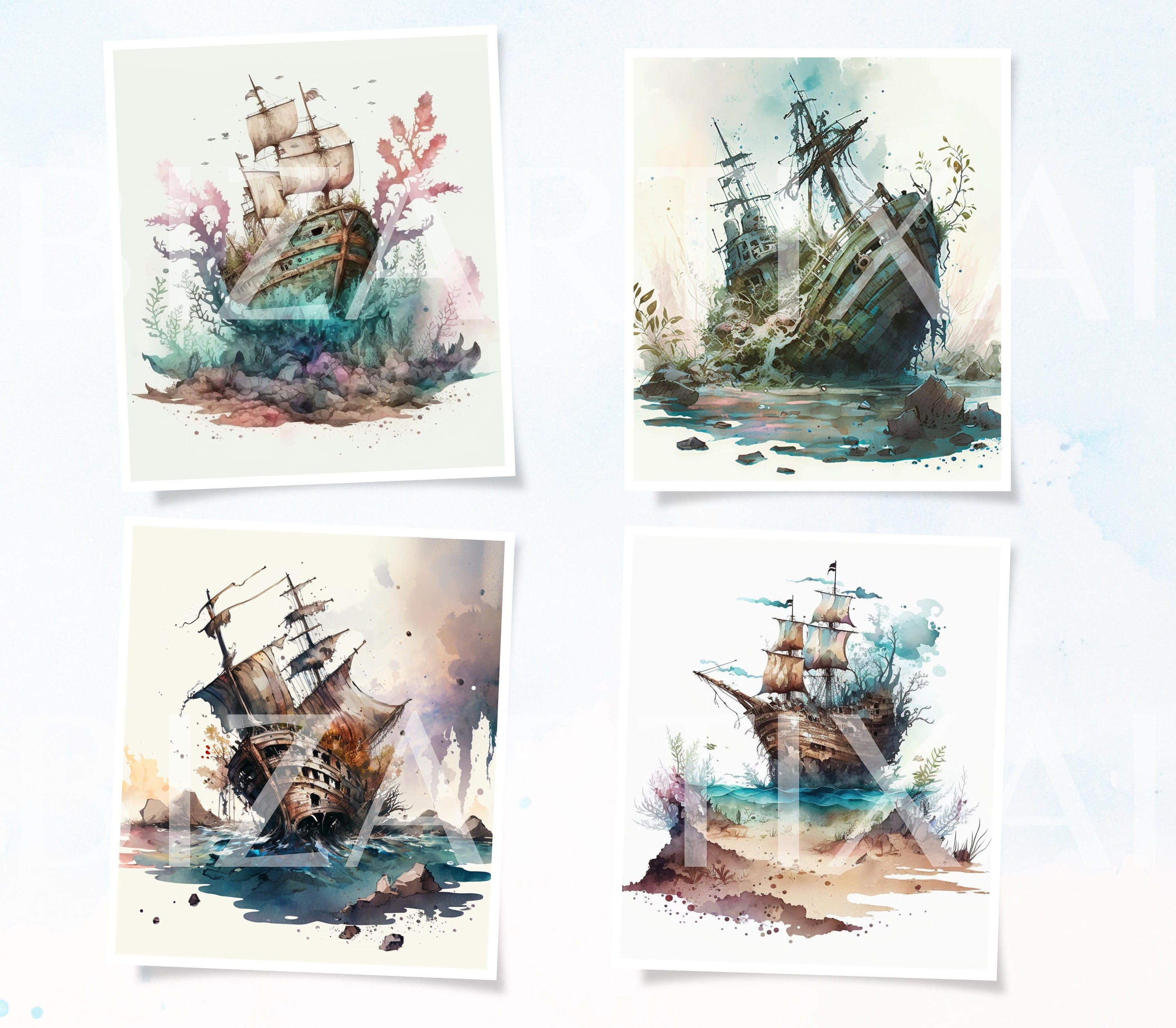 Watercolor Pirate Ship Clipart Bundle 9 Sea Tresures Clipart - Etsy