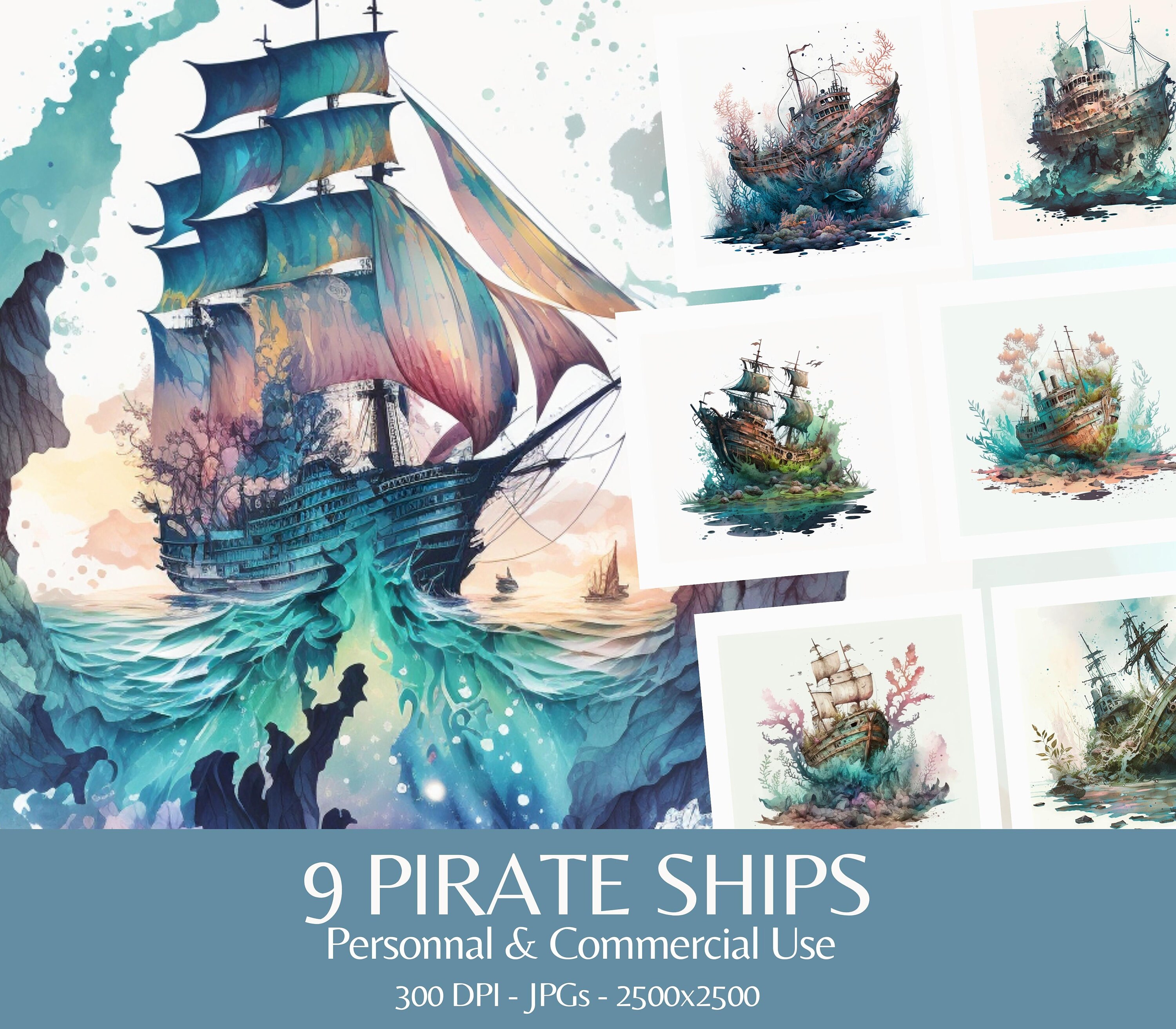Watercolor Pirate Ship Clipart Bundle 9 Sea Tresures Clipart - Etsy
