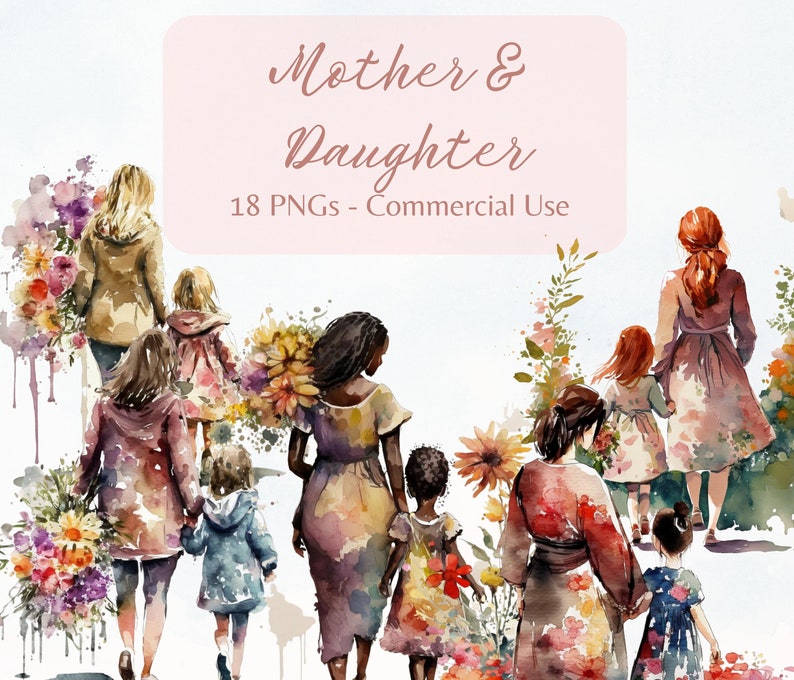 Watercolor Mom and Daughter Clipart Pack, Clipart for Commercial Use ...