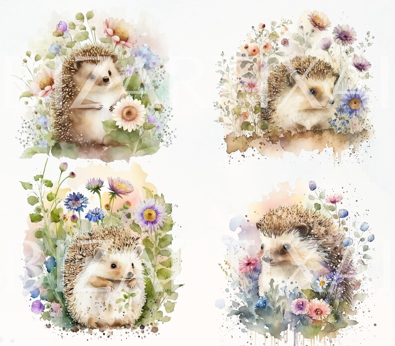 Watercolor Hedgehog Clipart Cute Hedgehog Flowers Clipart - Etsy
