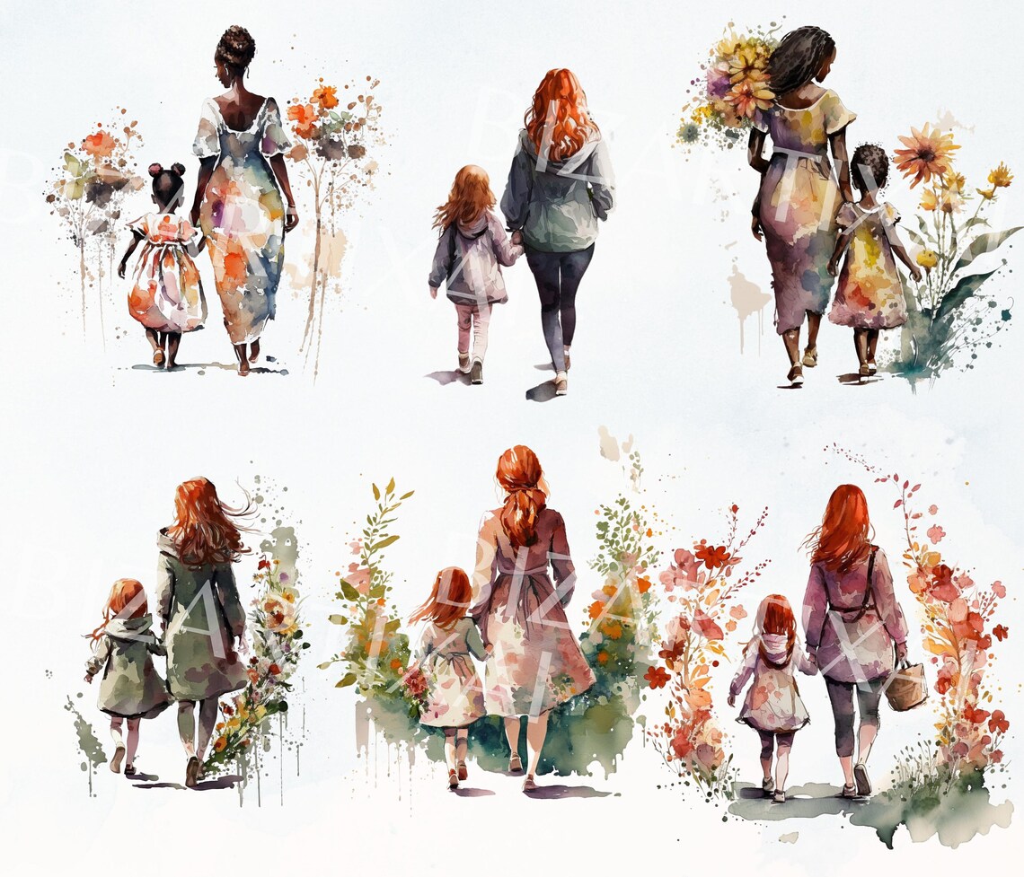 Watercolor Mom and Daughter Clipart Pack, Clipart for Commercial Use ...