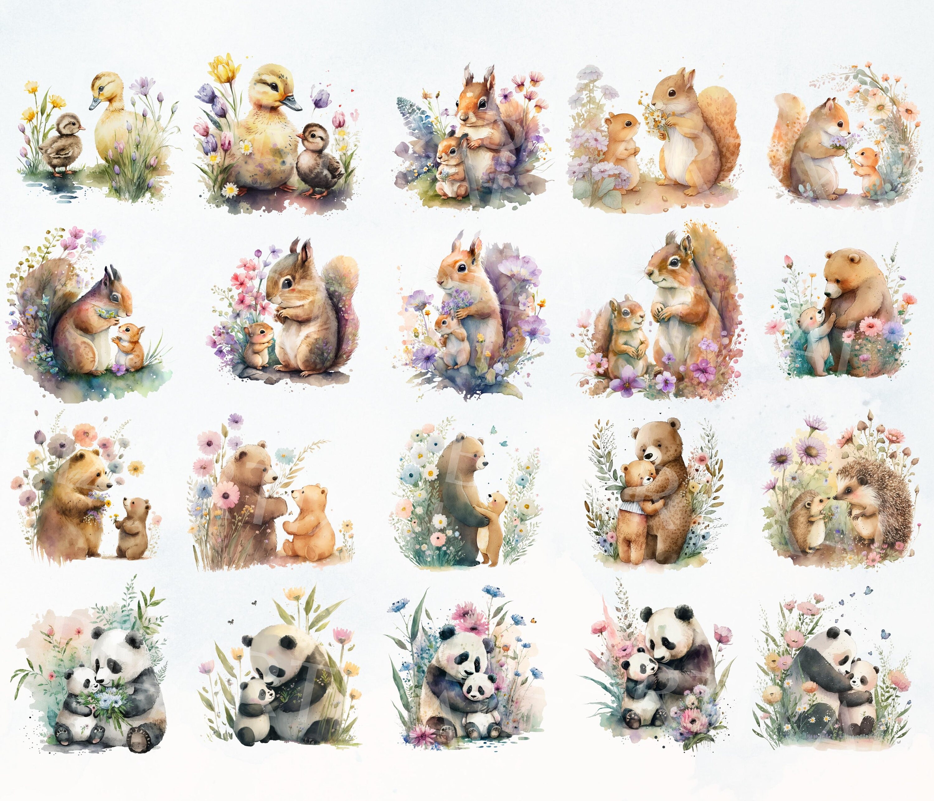 Watercolor Cute Mother and Baby Animals Clipart Clipart 115 - Etsy