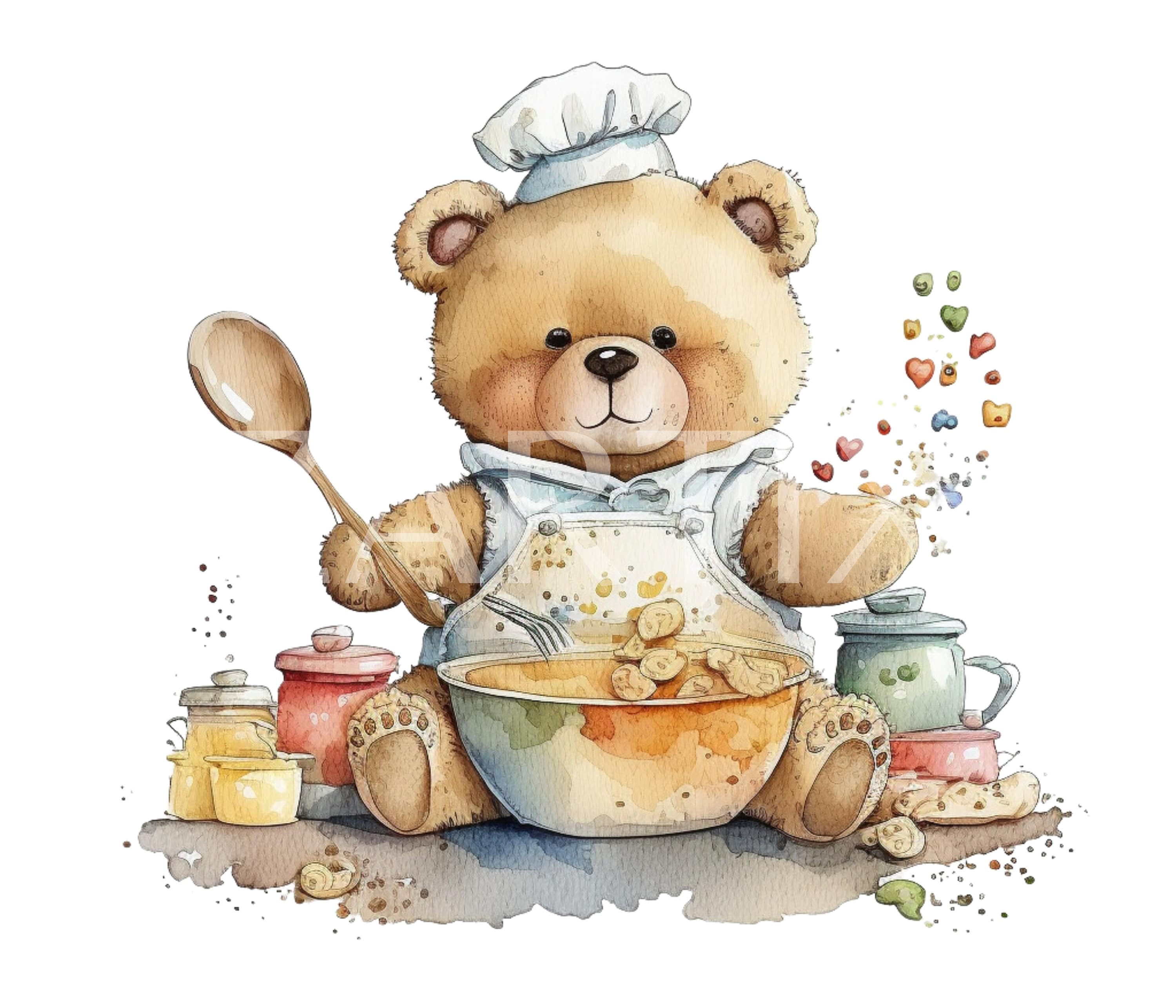 Cute Teddy Bear Cooking Outline Clipart Watercolor Teddy Bear Bundle 1 ...