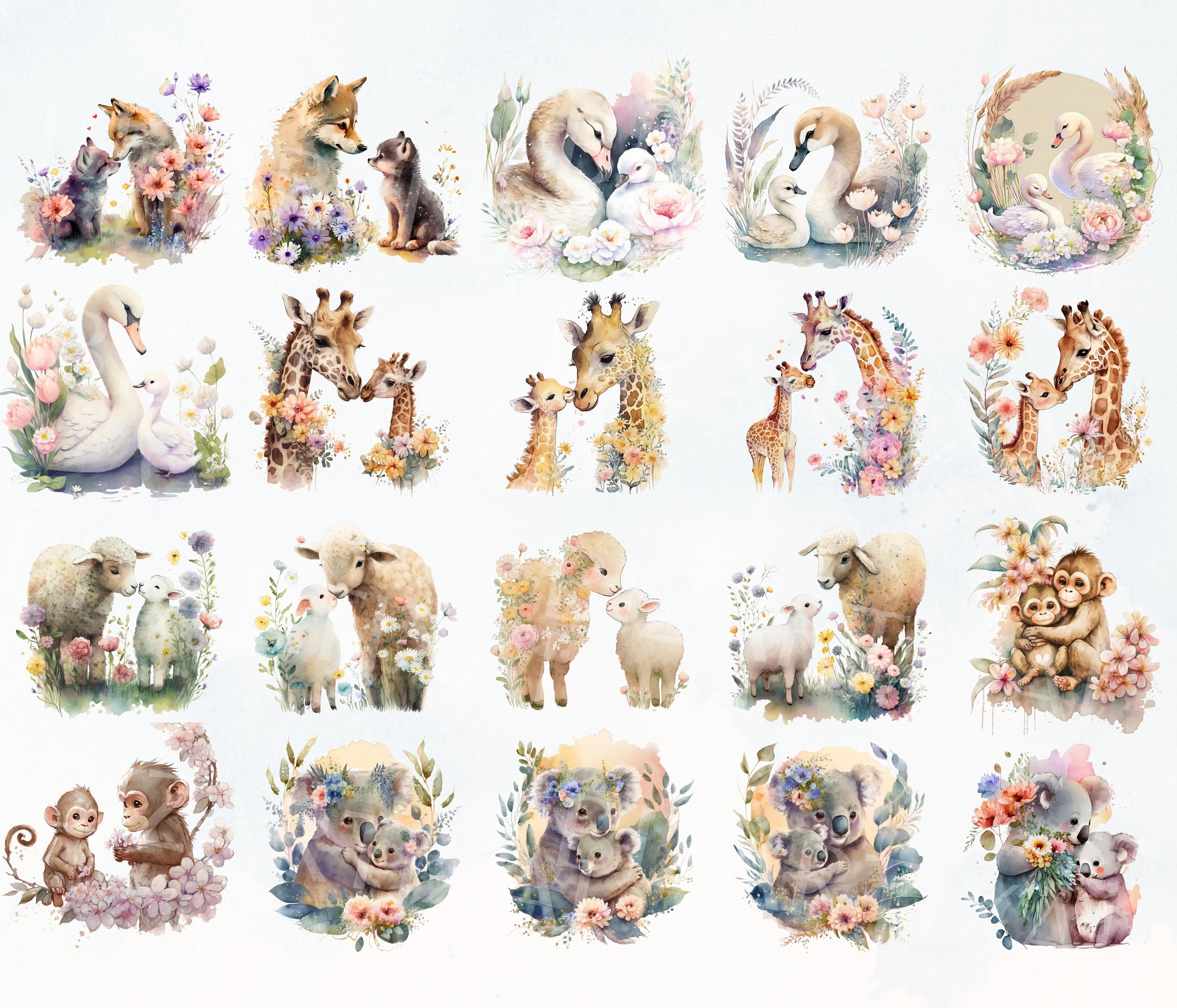 Watercolor Cute Mother and Baby Animals Clipart Clipart 115 - Etsy