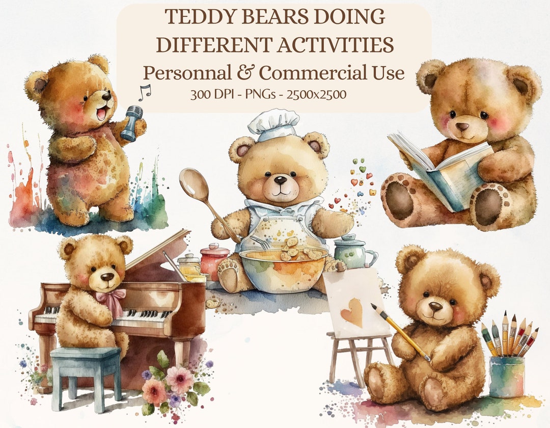 Cute Teddy Bear's Hobbies Clipart watercolor Teddy Bear Bundle 11 ...