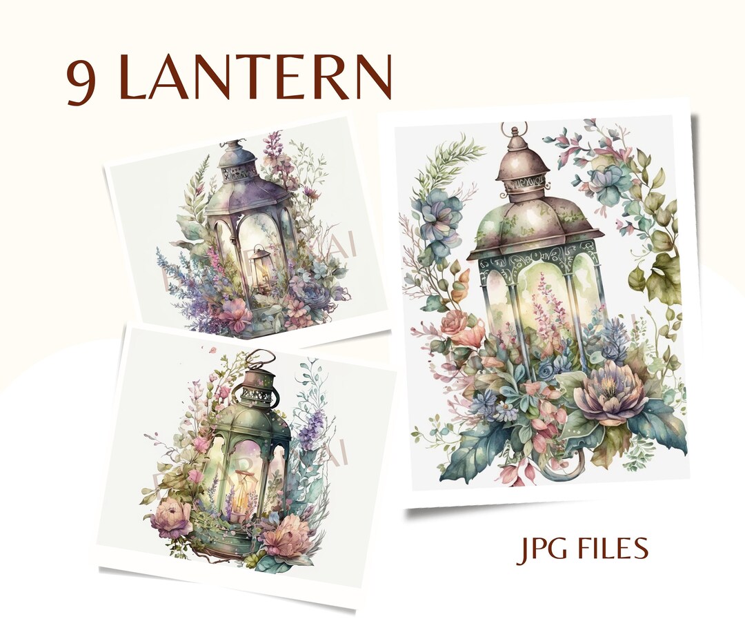 Watercolor Antique Lantern Clipart, Magic Garden, Lantern JPG, 9 Hight ...