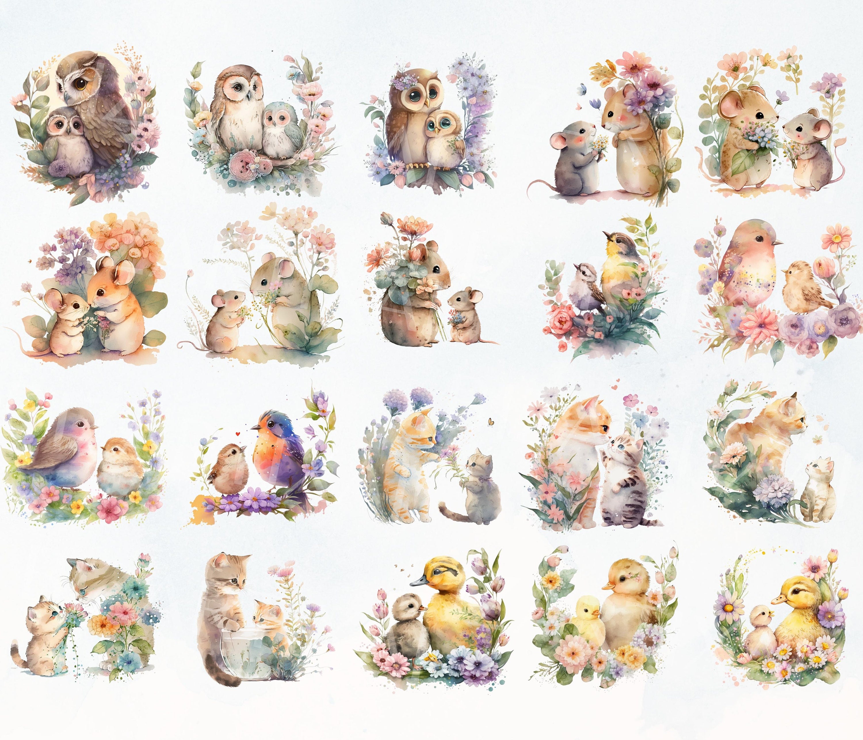 Watercolor Cute Mother and Baby Animals Clipart Clipart 115 - Etsy