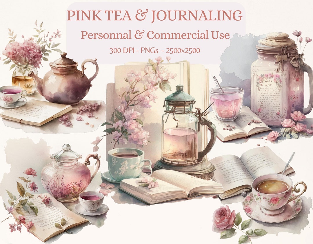 Watercolor Pink Tea and Journaling Clipart Bundle, Planner Scenes, 10 ...