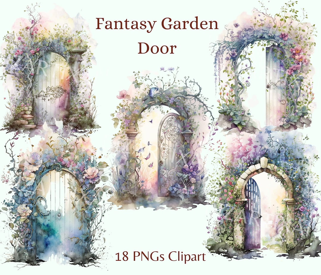 Watercolor Fantasy Garden Door Clipart, Fairy Clipart, Gate Clipart, 18 ...
