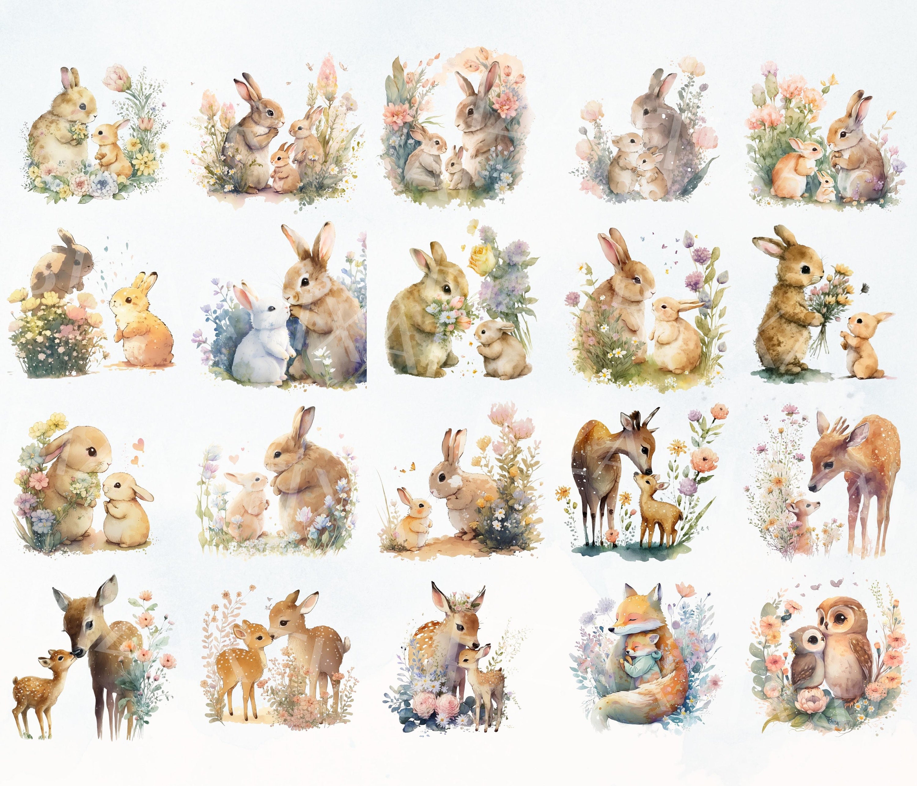 Watercolor Cute Mother and Baby Animals Clipart Clipart 115 - Etsy