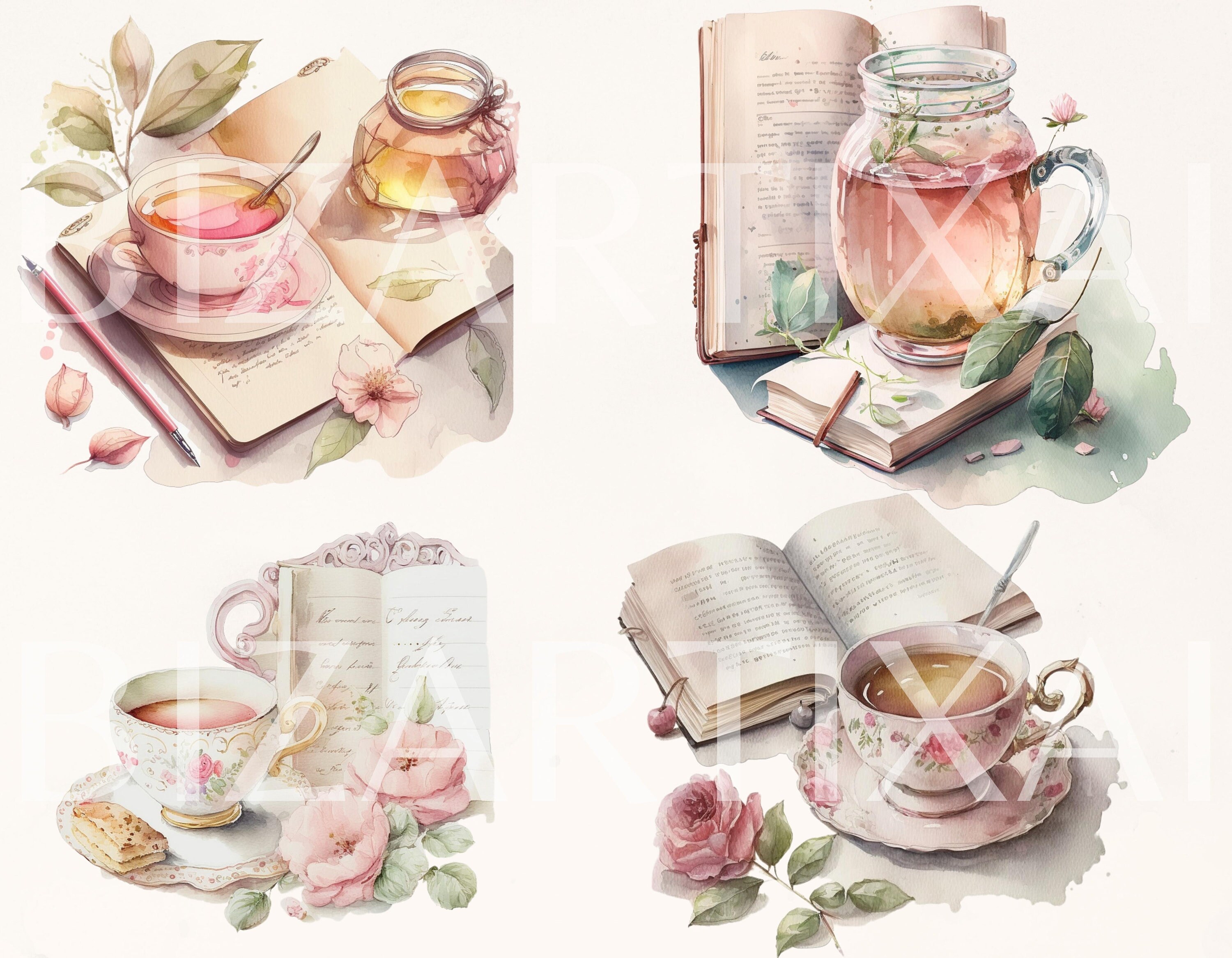 Watercolor Pink Tea and Journaling Clipart Bundle, Planner Scenes, 10 ...