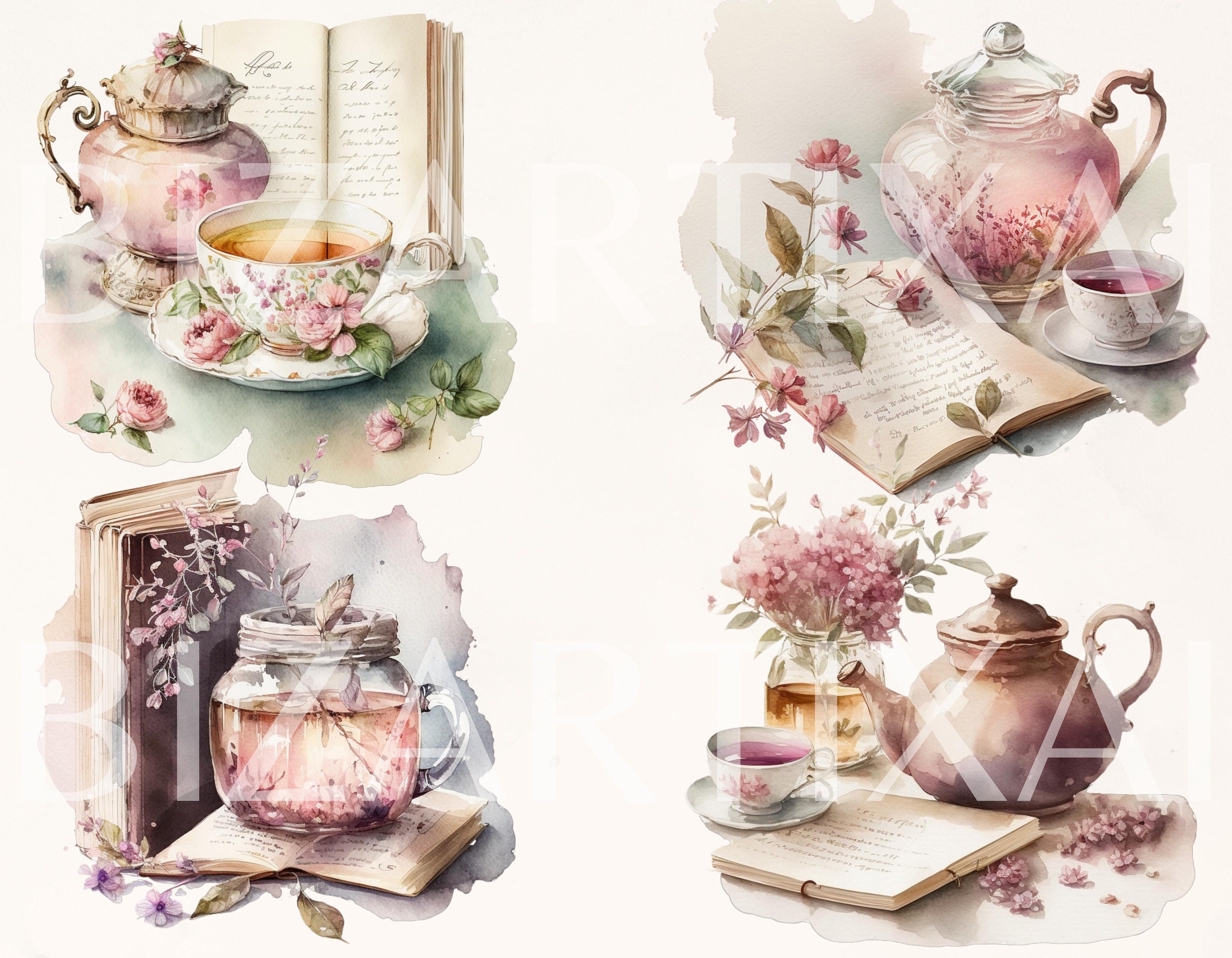 Watercolor Pink Tea and Journaling Clipart Bundle, Planner Scenes, 10 ...
