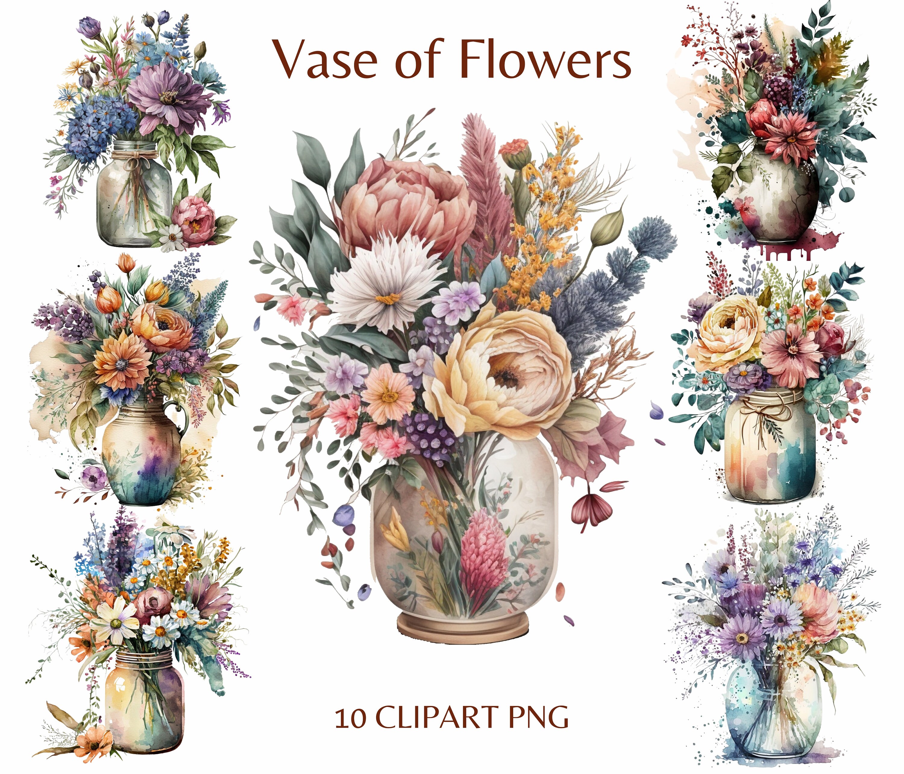 10 Vase of Flowers Clipart High Quality Jpgs Digital Download Card ...