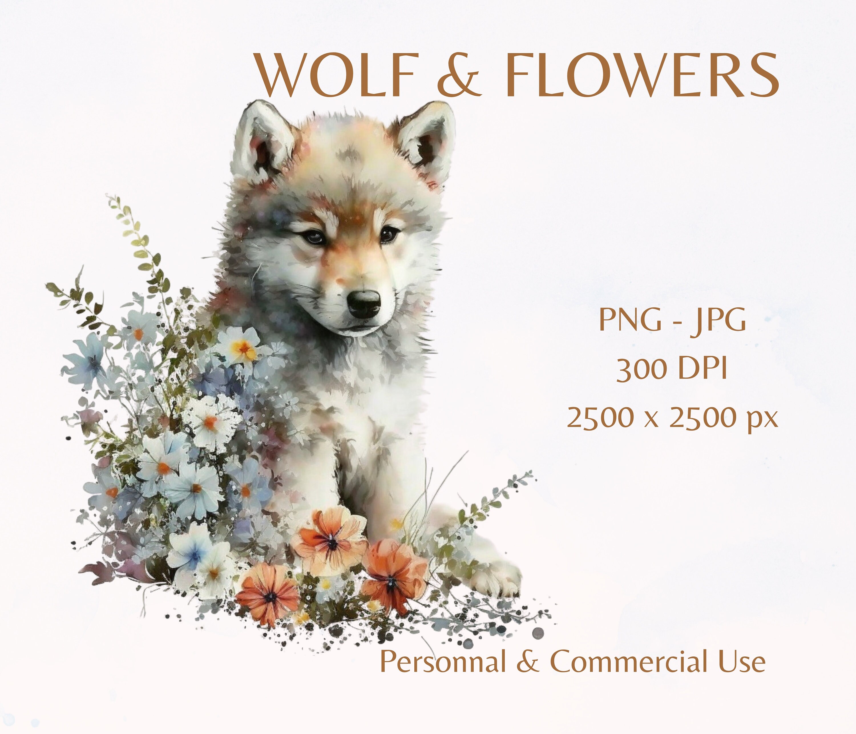 Watercolor Wolf and Flowers Clipart Cute Wolf Flowers Clipart 1 PNG JPG ...