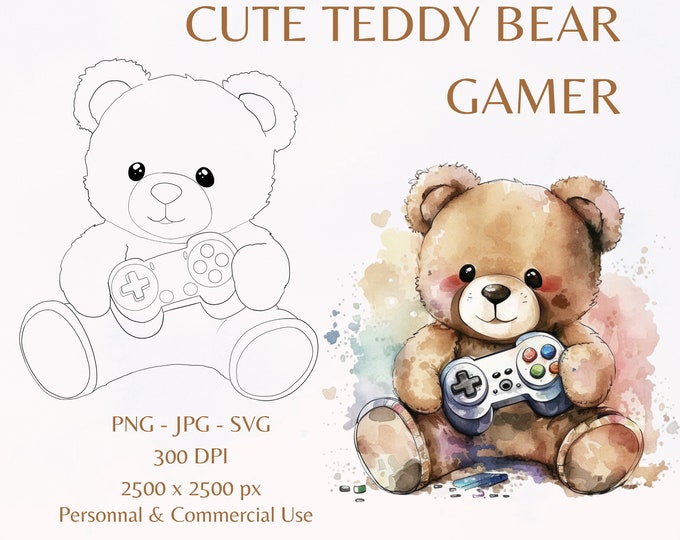 Cute Teddy Bear Playing Video Games Outline Clipart Watercolor Gamer ...