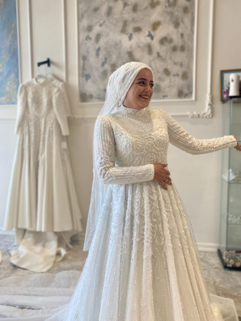 Modest Wedding Dress Long Sleeve A-line Bridal Gown With Train, Modest ...