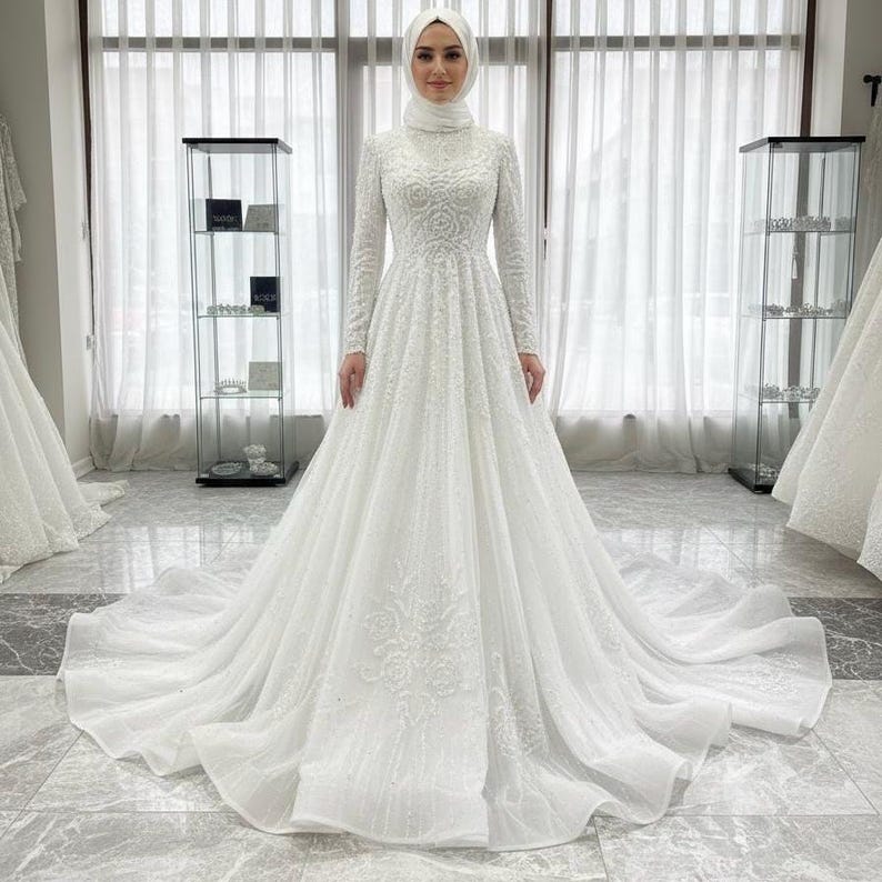 Modest Wedding Dress Long Sleeve A-line Bridal Gown With Train, Modest ...
