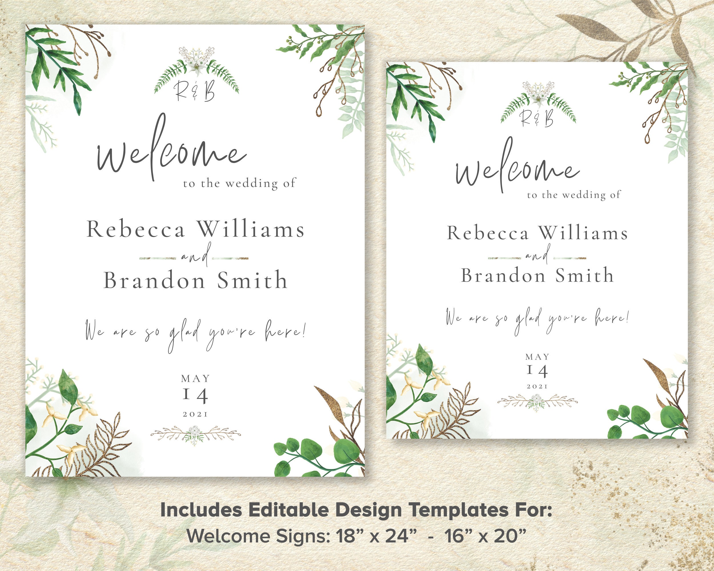 Floral Wedding Welcome Sign, Printable, Welcome Sign Template, Gold ...