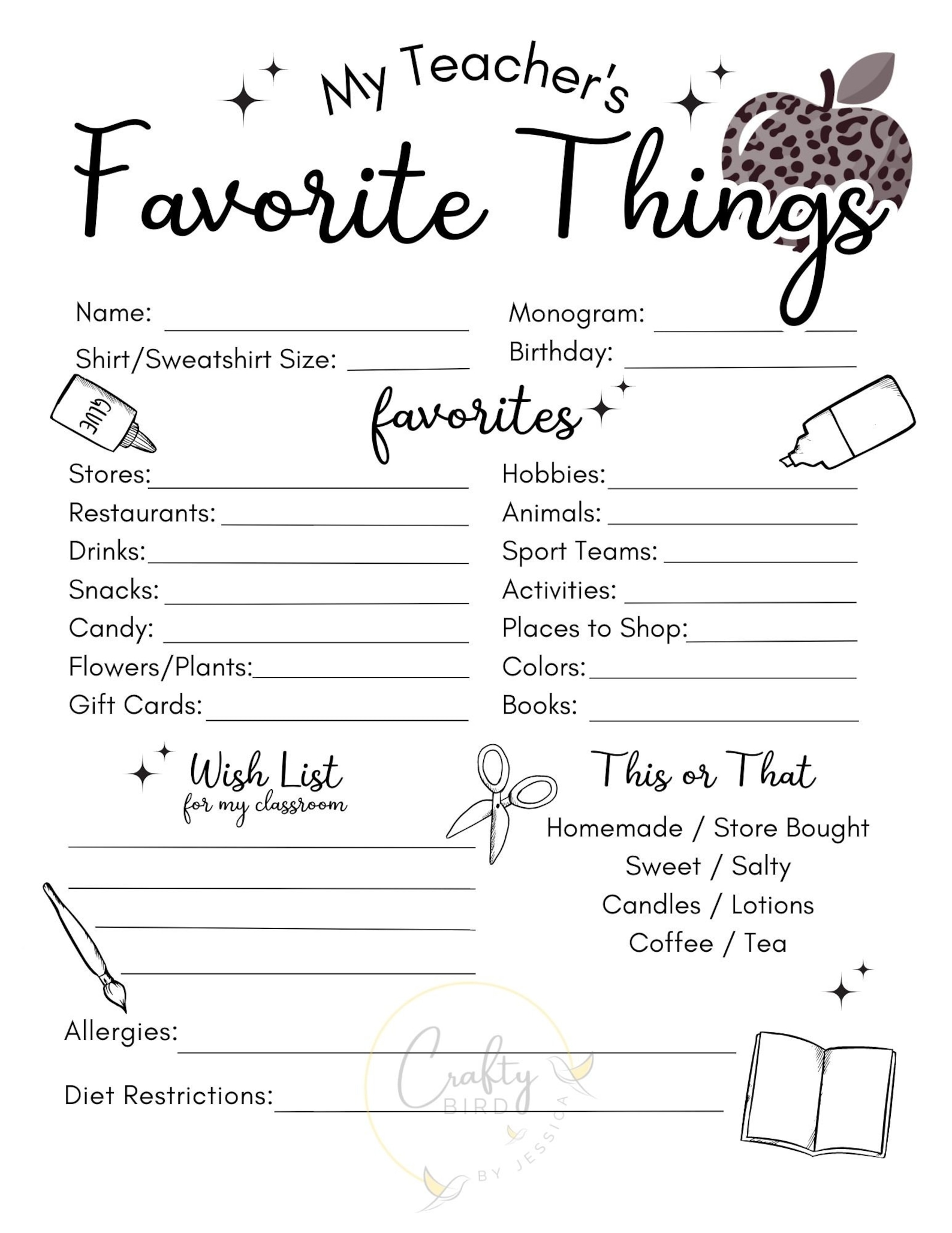 My Teacher's Favorite Things Questionnaire | Printable | Digital ...