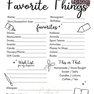 My Teacher's Favorite Things Questionnaire | Printable | Digital ...