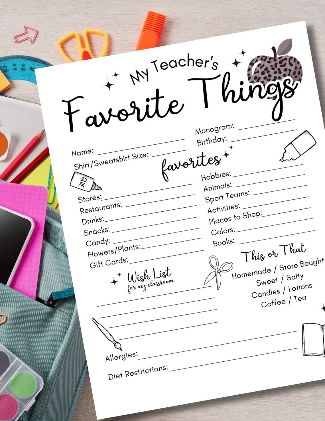 My Teacher's Favorite Things Questionnaire | Printable | Digital ...