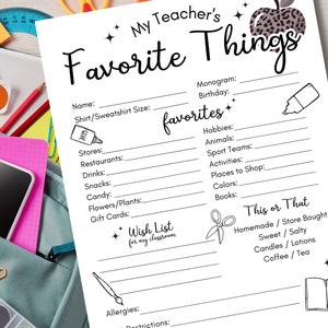 My Teacher's Favorite Things Questionnaire | Printable | Digital ...