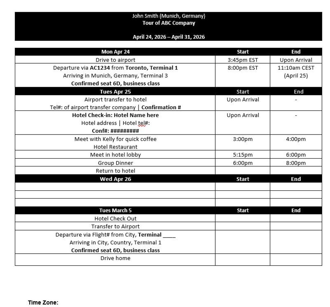 TEMPLATE Travel Itinerary - for Executive Assistants - Etsy
