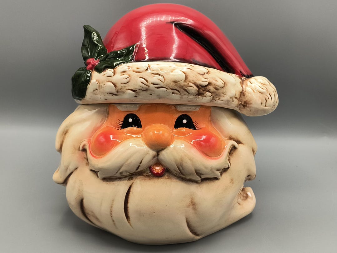 Vintage Ceramic Santa Head Cookie Jar Hand-painted Holiday Christmas ...