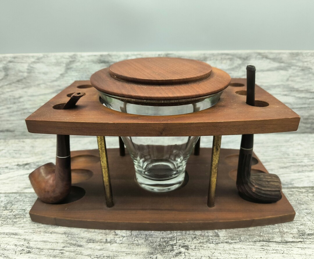 Vintage Pipe Stand Walnut Wood & Brass Holds 6 Pipes Holder With 2 ...