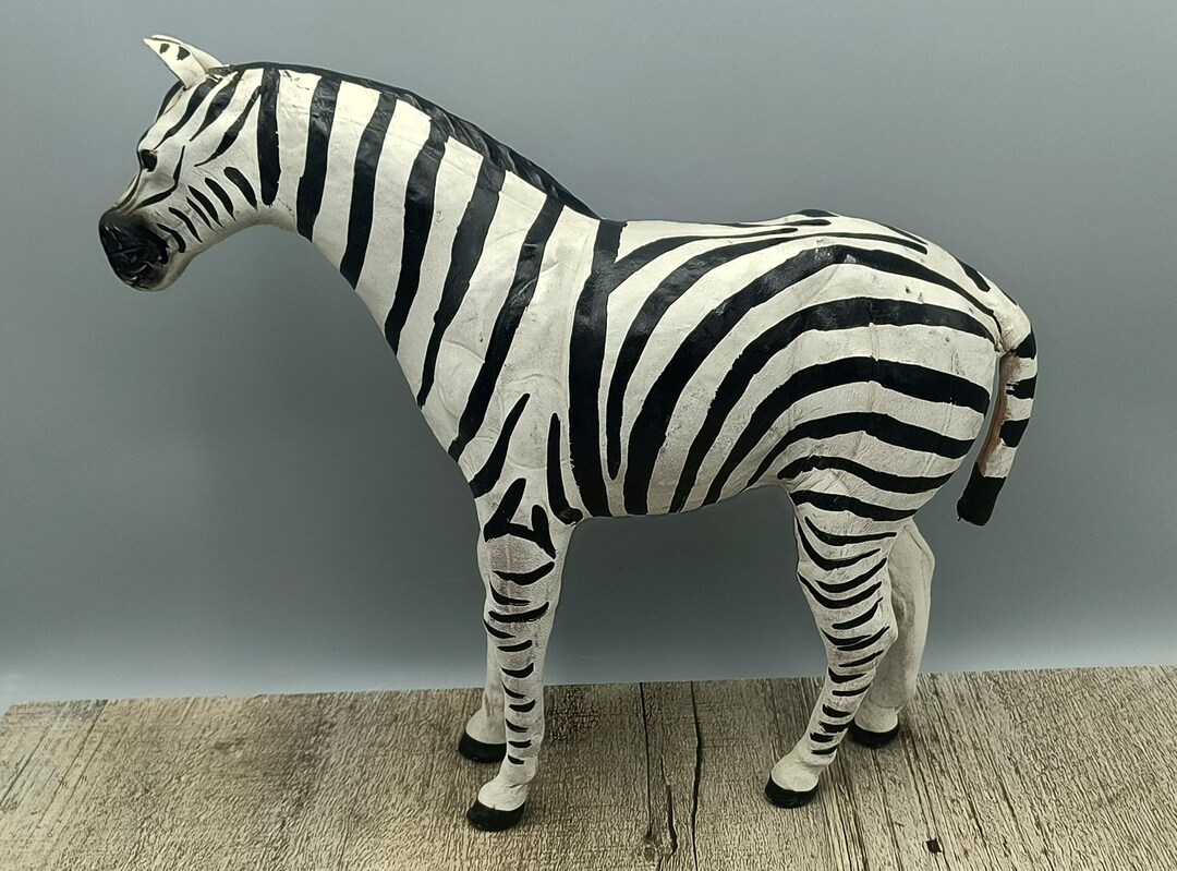 Vintage Leather Wrapped Zebra 12" Figurine Black & White Safari Home ...