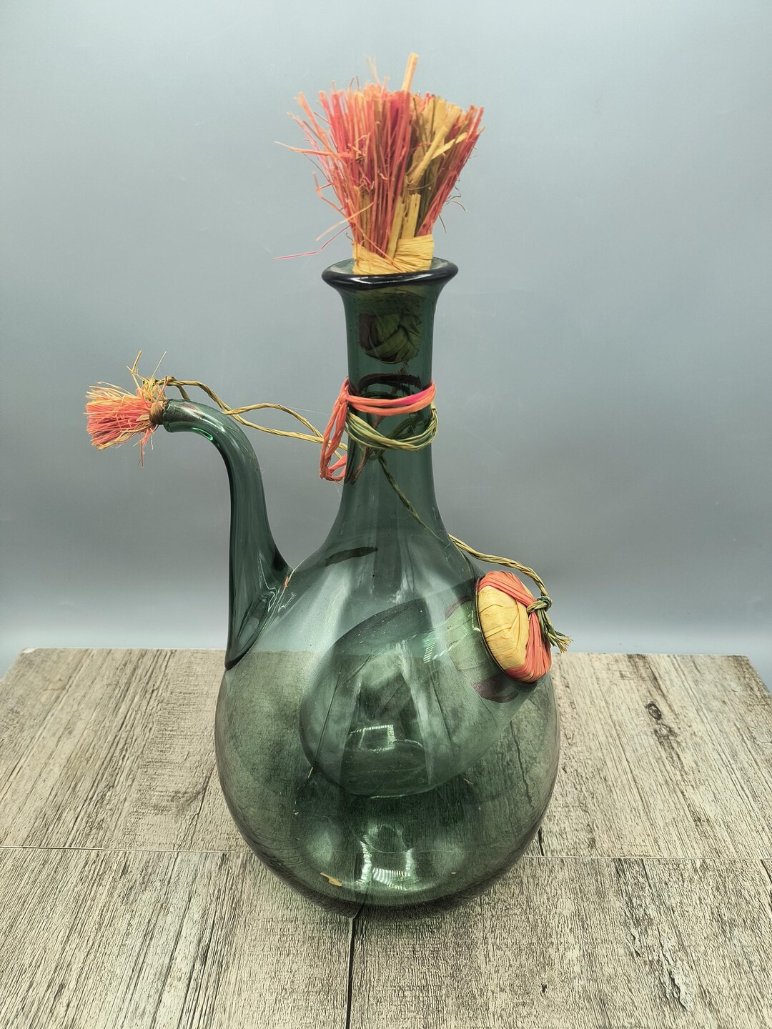 1960's Hand Blown Italian Green Glass Wine Decanter Wrapped Carafe With ...