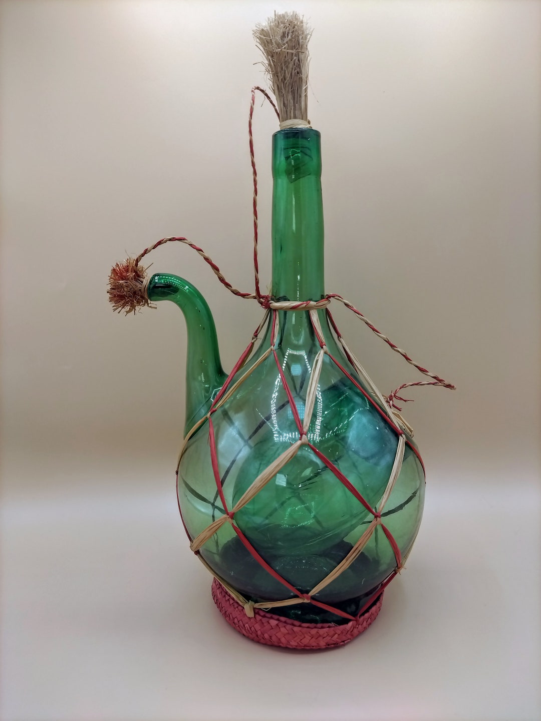 1960's Hand Blown Italian Green Glass Wine Decanter Cage Wrapped Carafe ...