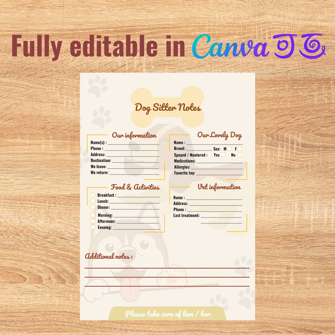 Dog Sitter Notes Printable Canva Template , Owner Info Template, Vet ...