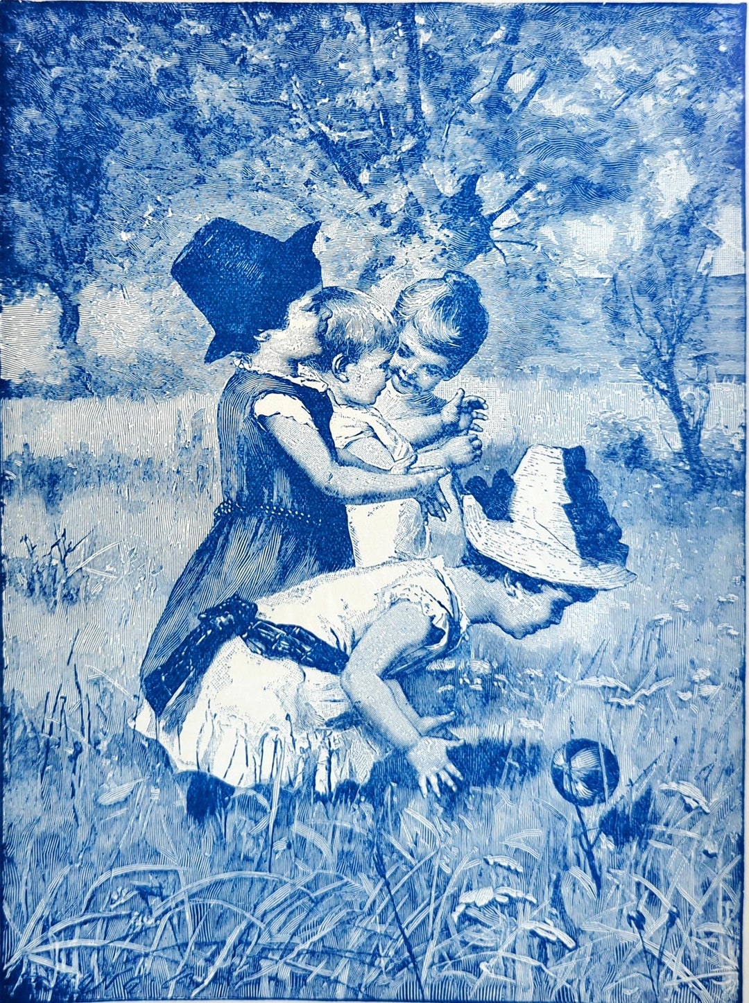 Antique Etching of Victorian Era Children Playing in a Field - Etsy