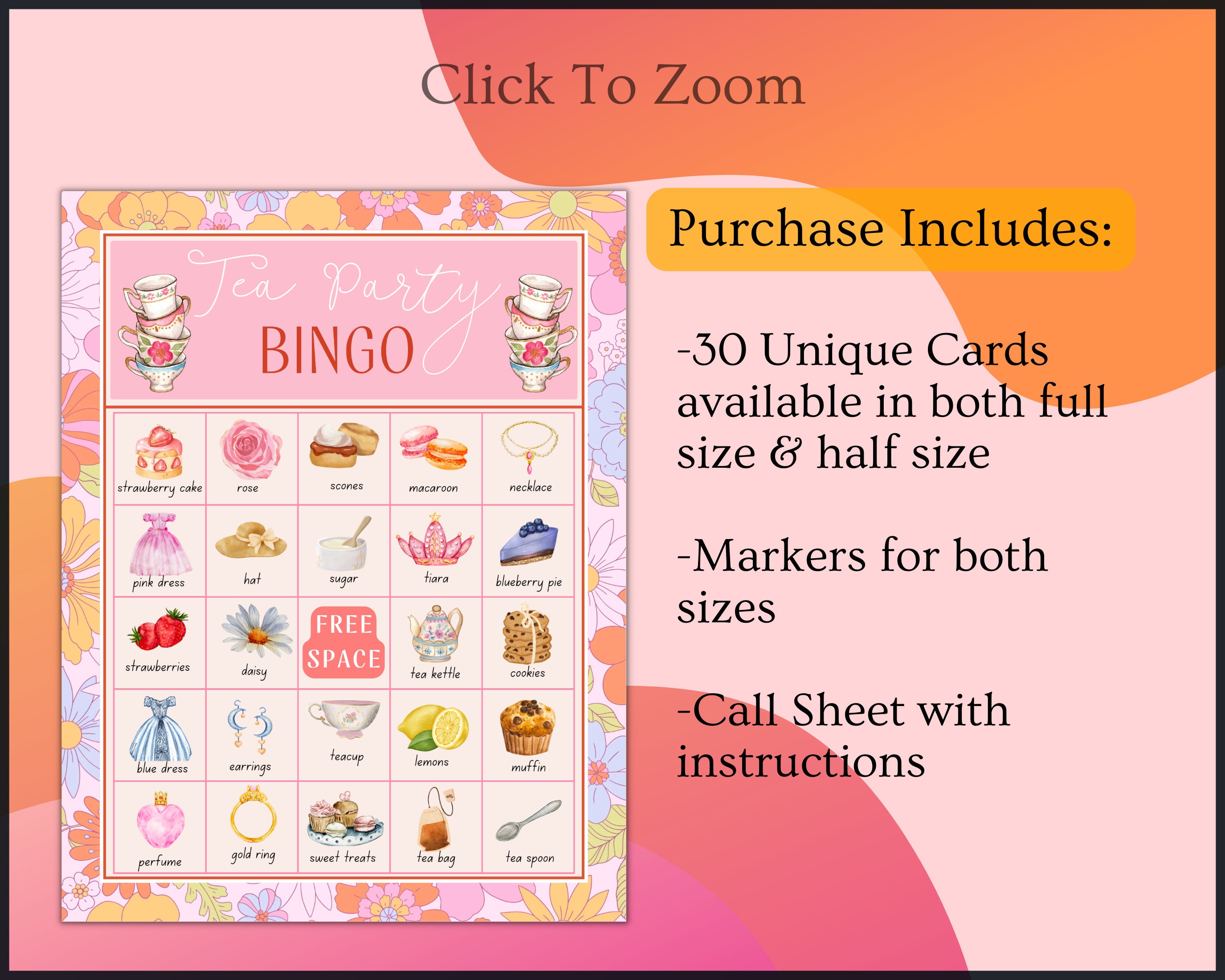 Tea Party Bingo Cards in Pink, 30 Unique Game Cards, Printable Instant ...