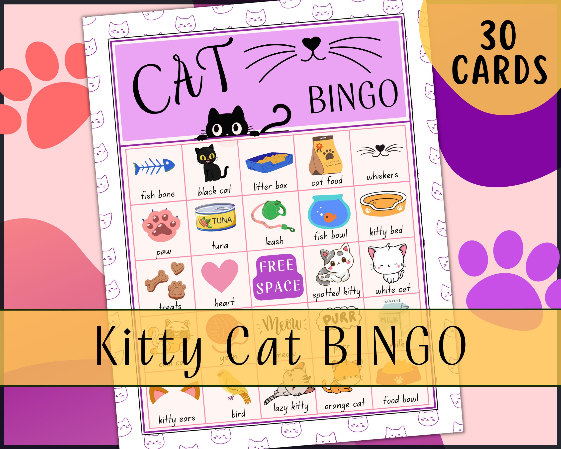 Cat Bingo Game for a Kitten Theme Party, Girls Birthday Game, Bingo ...