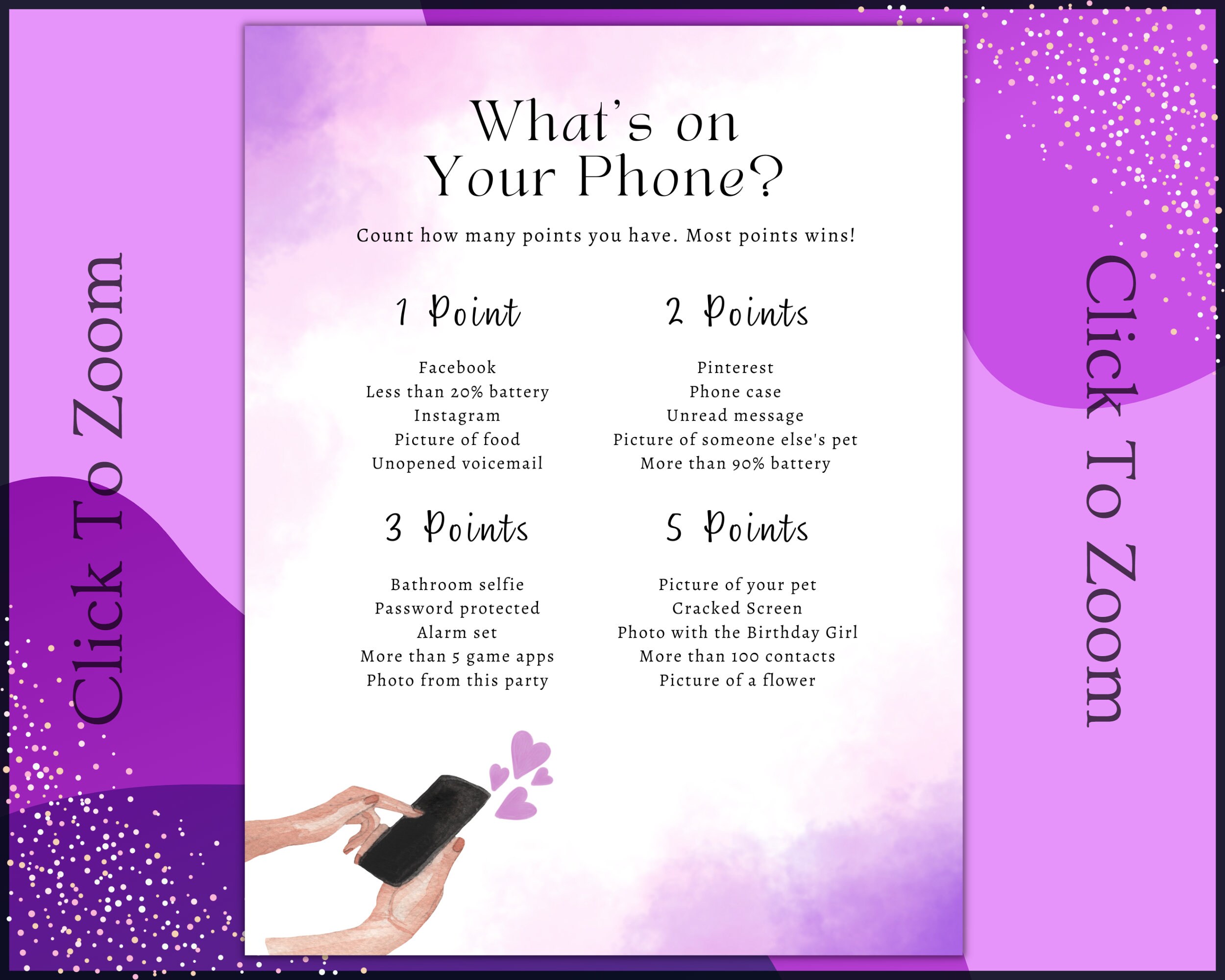 What's on Your Phone Party Printable for Girls, Teen Birthday Games ...