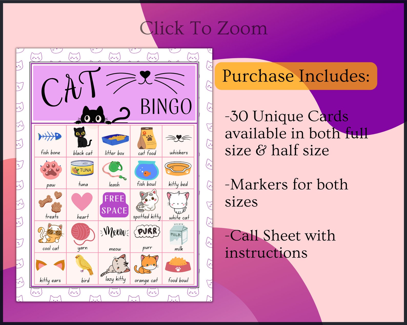Cat Bingo Game for a Kitten Theme Party, Girls Birthday Game, Bingo ...