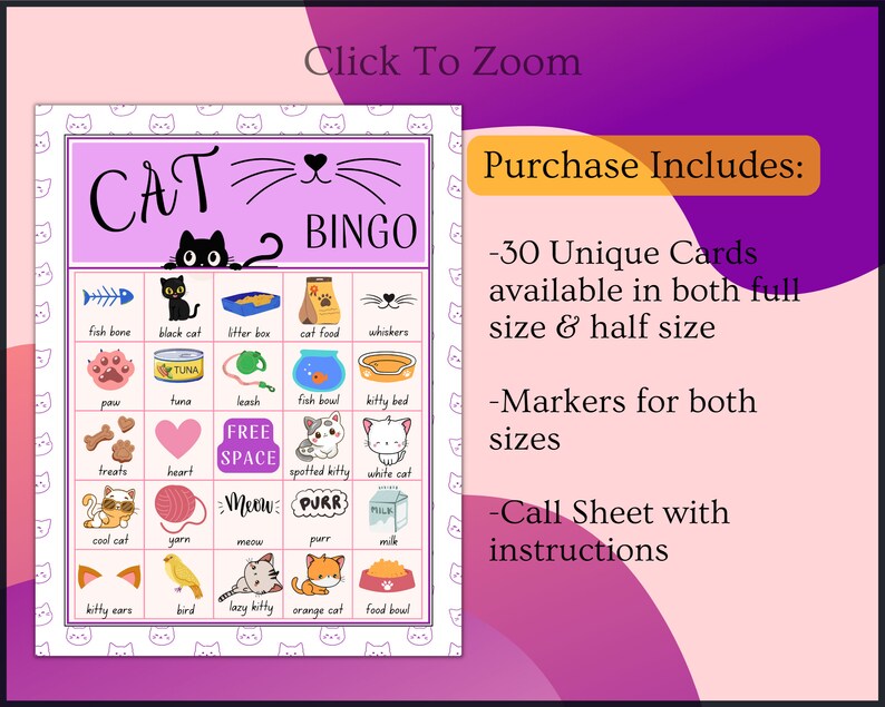 Cat Bingo Game for a Kitten Theme Party, Girls Birthday Game, Bingo ...