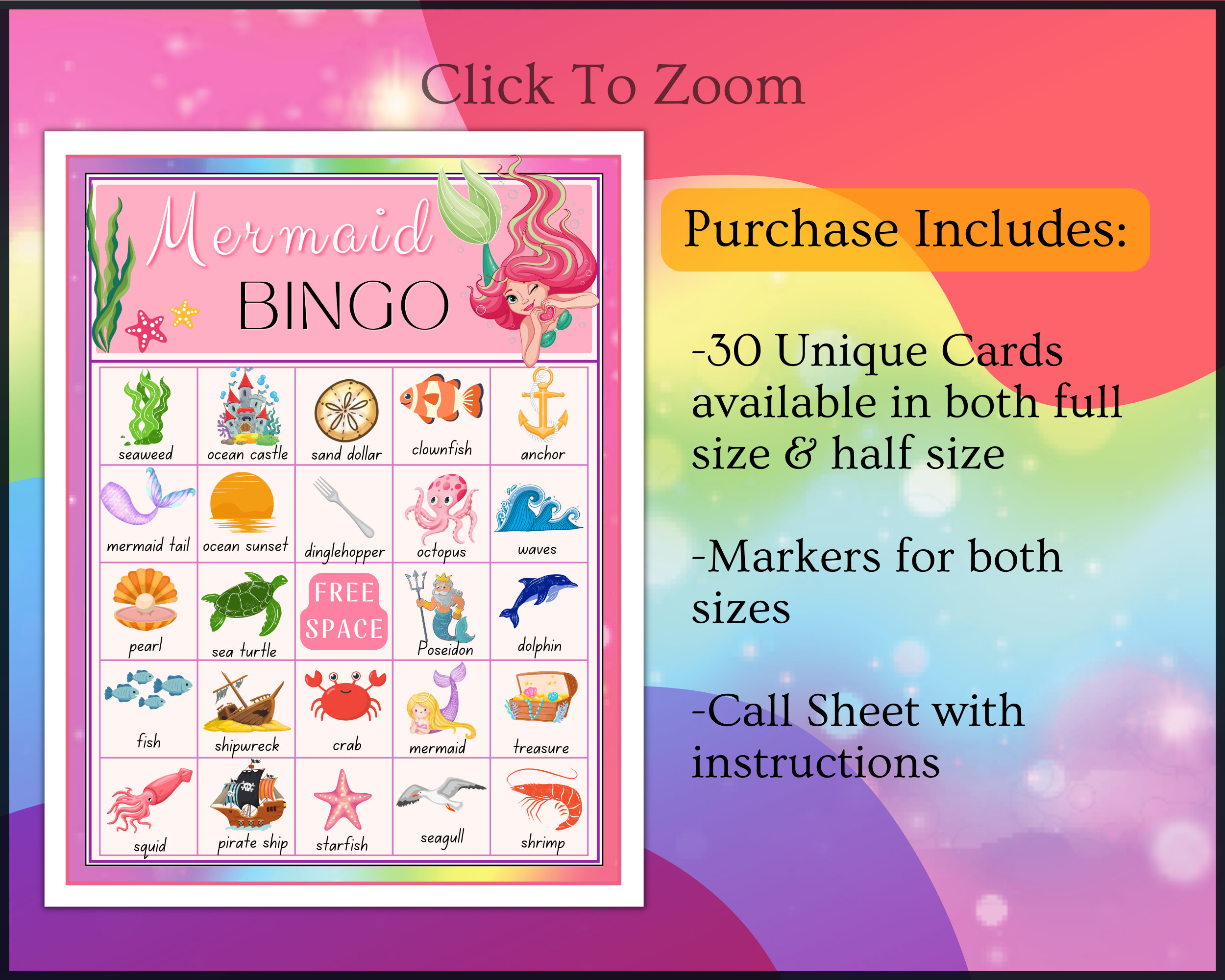 Mermaid Bingo 30 Printable Bingo Cards for Kids, Classroom Parties ...