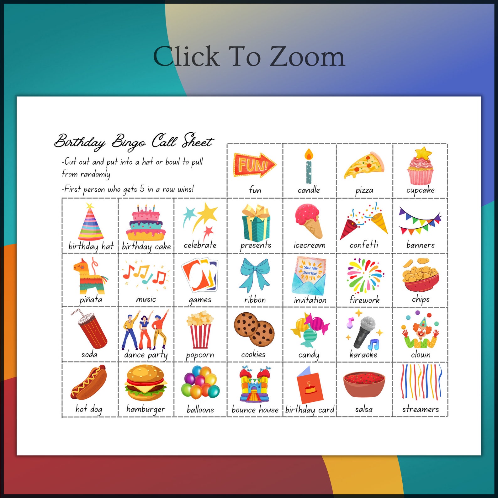 Printable Birthday Bingo for Birthday Party, Printable Bingo School ...