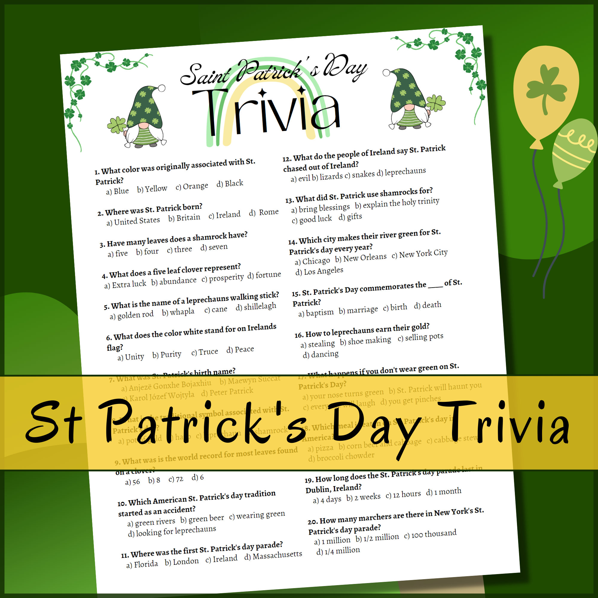 St Patrick's Day Trivia Game~ Fun Trivia Game for Kids and Adults ...