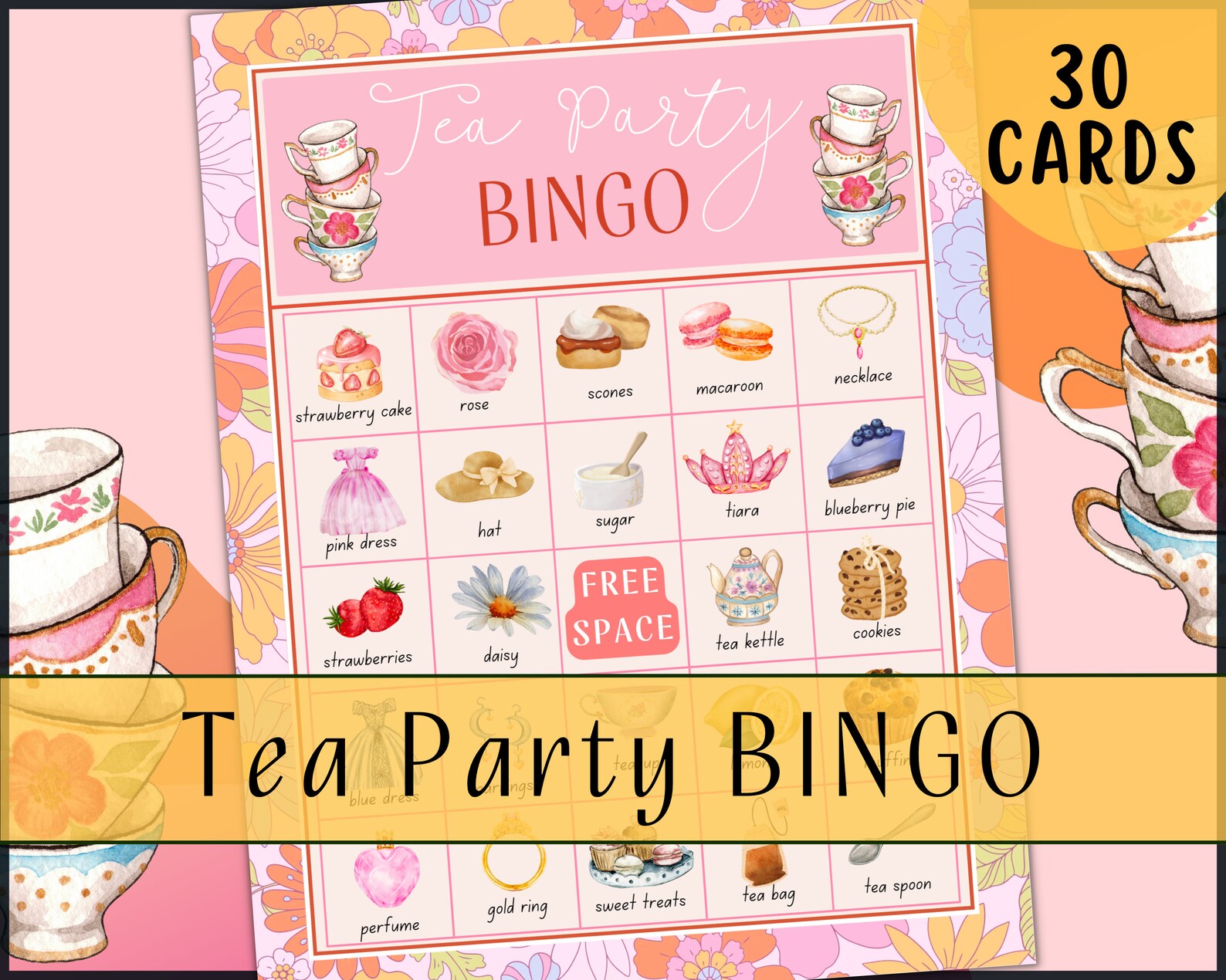 Tea Party Bingo Cards in Pink, 30 Unique Game Cards, Printable Instant ...